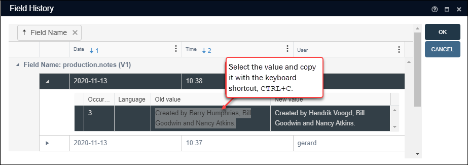 View changes to a record and restore a field to an earlier value