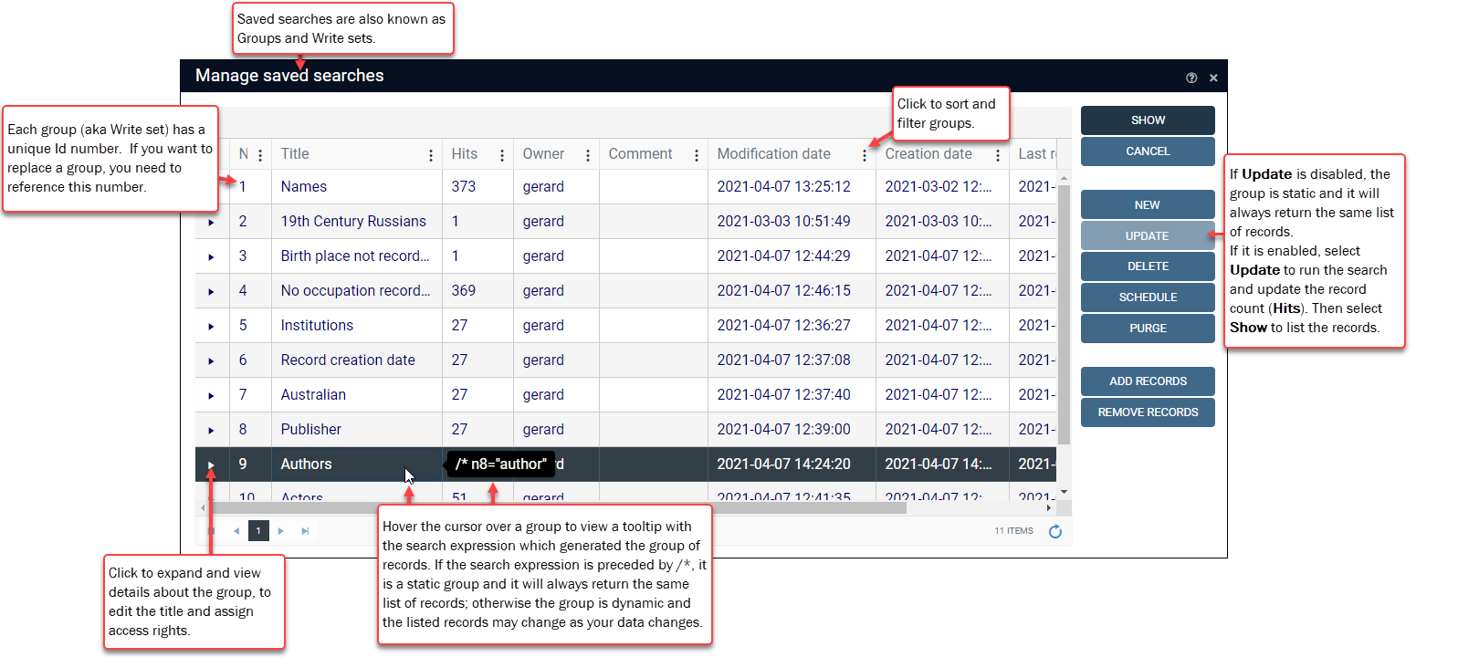 Group records: Write set & Manage saved searches